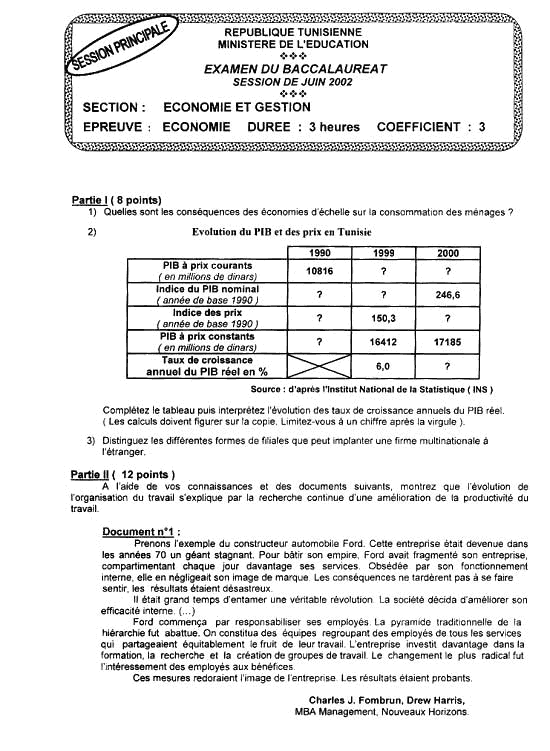 Enoncé du sujet economie